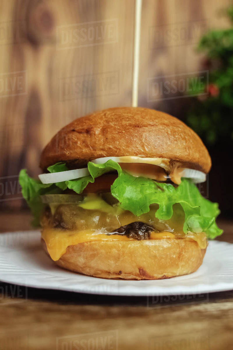 Close-up of a standard burger. Adult fast food in a restaurant or cafe ...