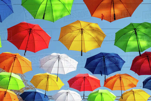 Colorful umbrellas. Bottom view. Conceptual art object. No labels or ...