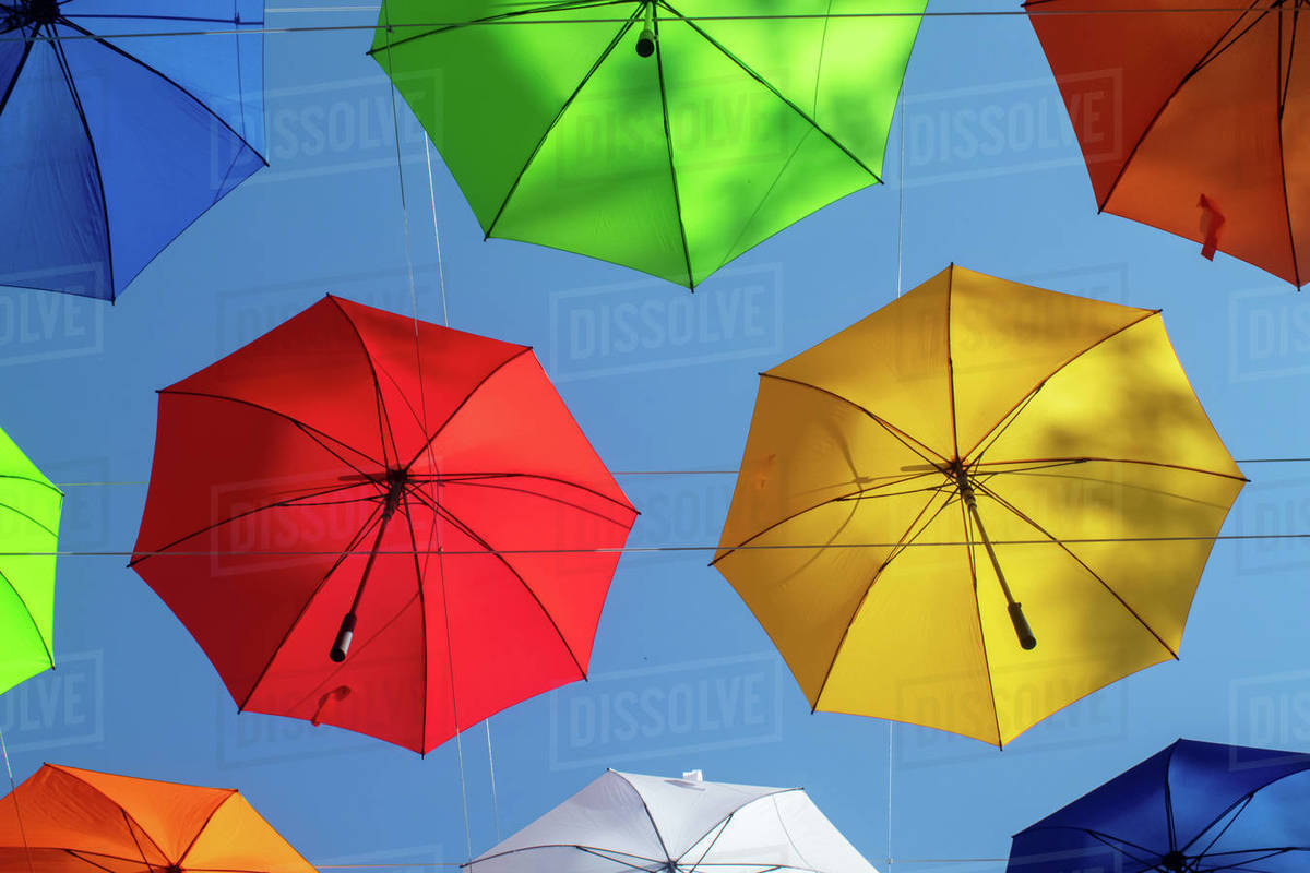 Colorful umbrellas. Bottom view. Conceptual art object. No labels or ...