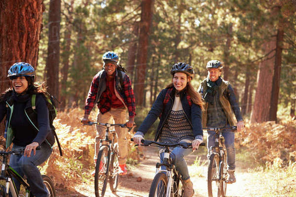 Group friends in helmets riding bikes in a forest, close up - Royalty ...