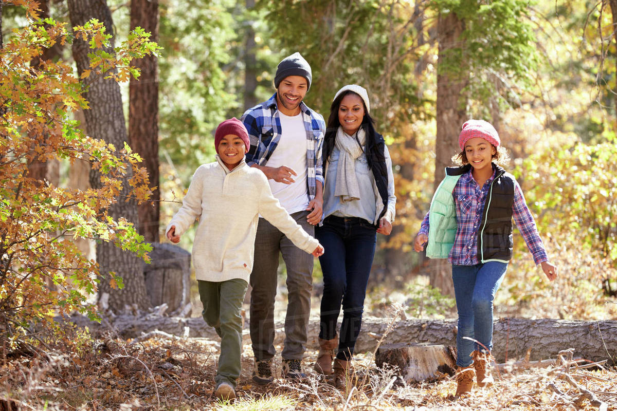 African American Family Walking Through Fall Woodland - Royalty-free ...