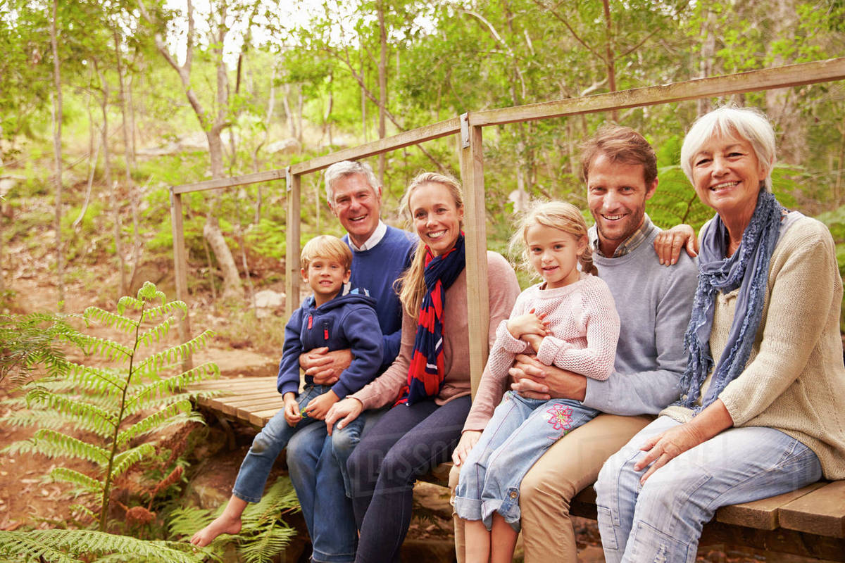 Multi-generation family portrait on a bridge in a forest - Royalty-free ...