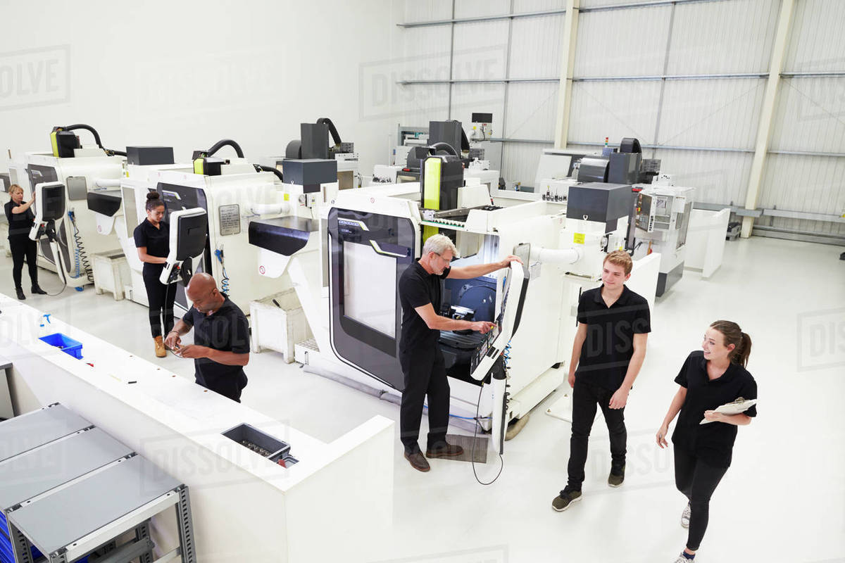 High angle view of engineering workshop with cnc machines - Royalty ...