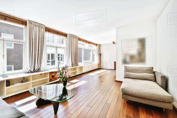 Interior design of modern spacious light open concept apartment with ...