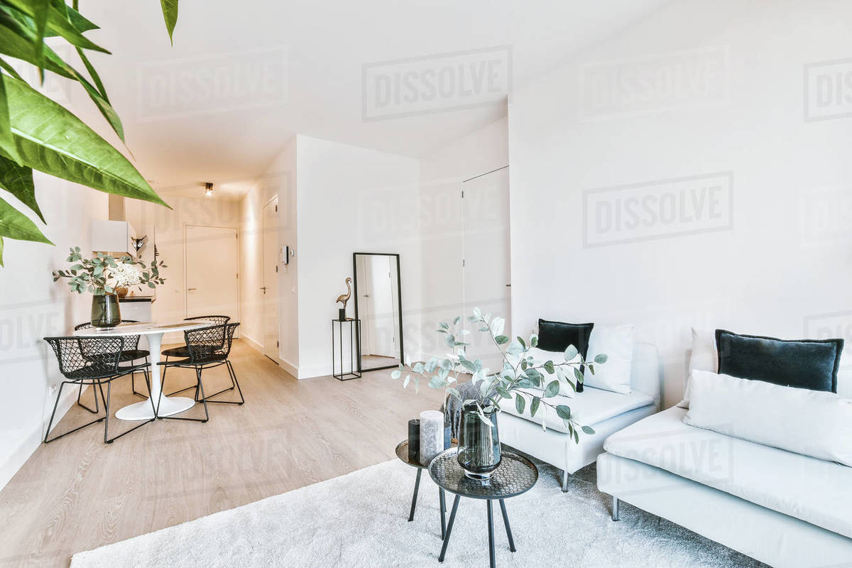 Modern interior design of lounge zone with light gray soft furniture ...