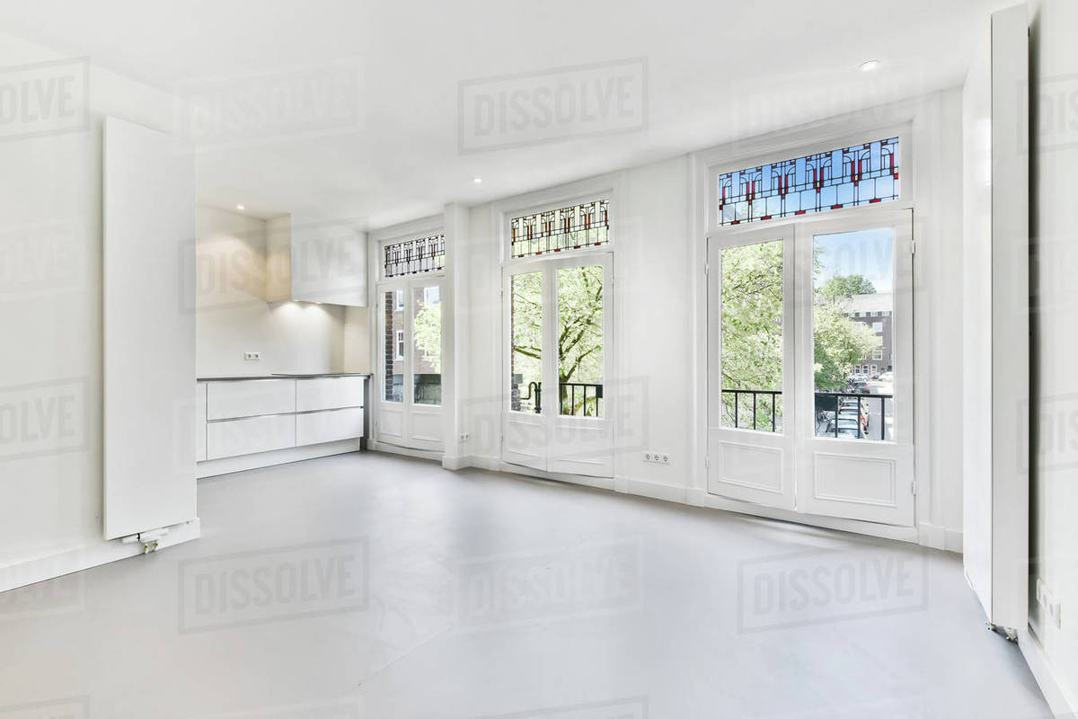 Interior of spacious light room with big ornamental windows and ...