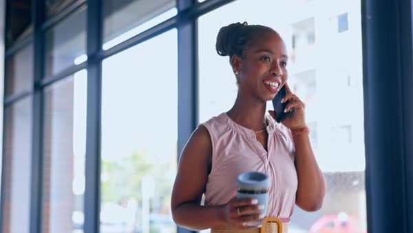 Phone call, black woman and walking in office building happy, smile and ...