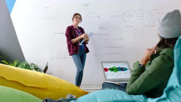 Tech company, whiteboard planning and women with digital project ...