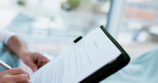 Hands, contract and patient signature in hospital for healthcare ...