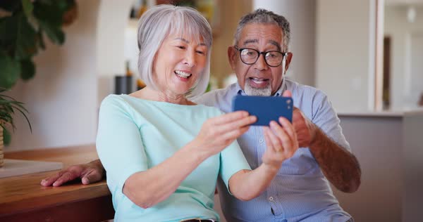 Senior man, woman and smartphone in video call with wave, communication ...