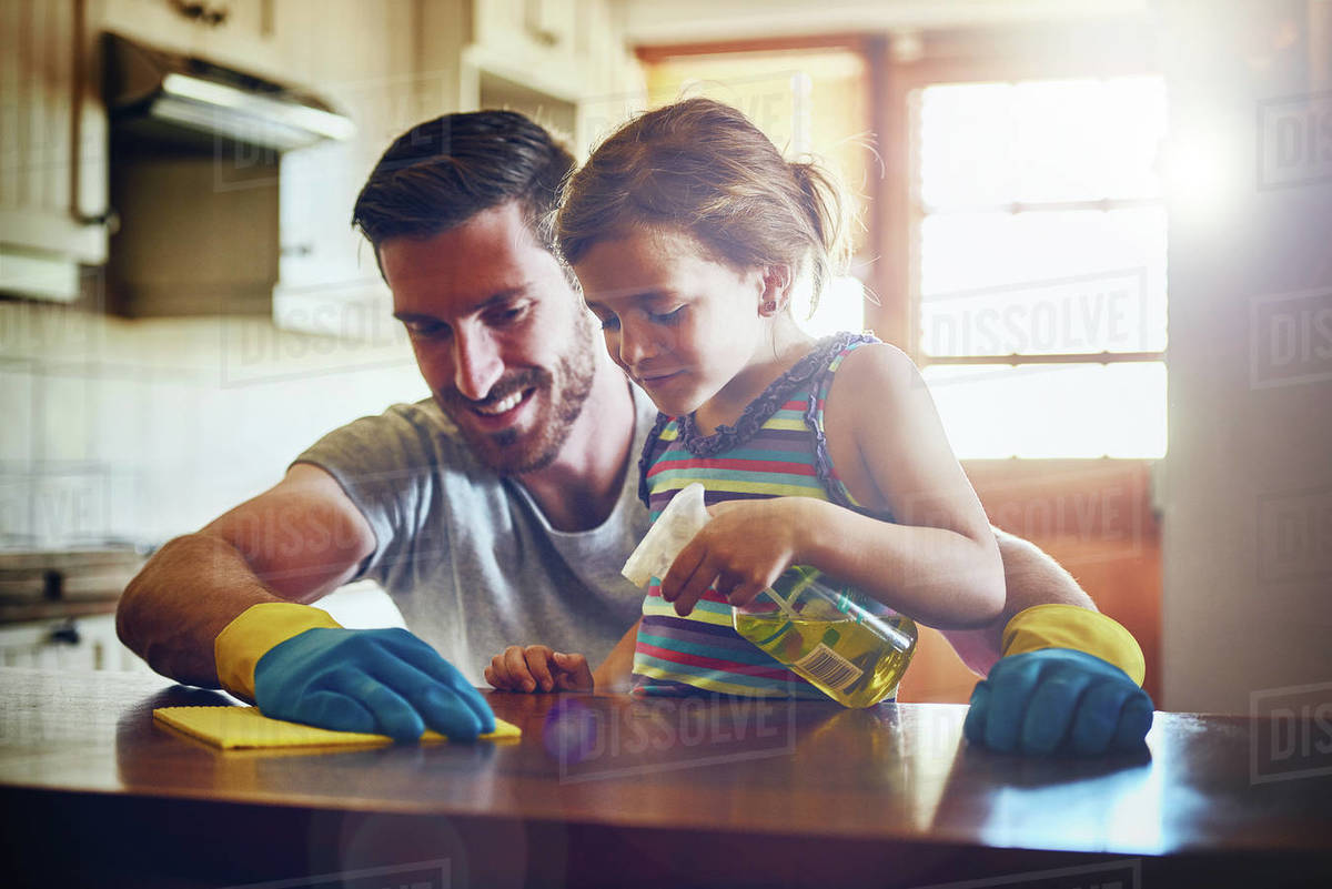 Cleaning, kitchen and family, father and child for hygiene development ...
