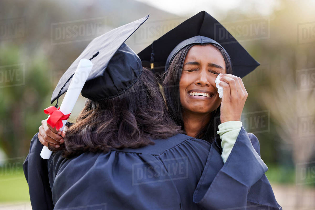 Education, graduation and crying with friends hugging in support or ...