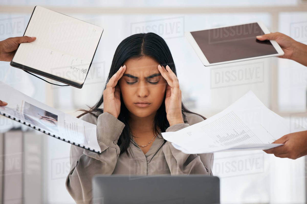 Stress, headache and burnout of business woman, overworked or ...