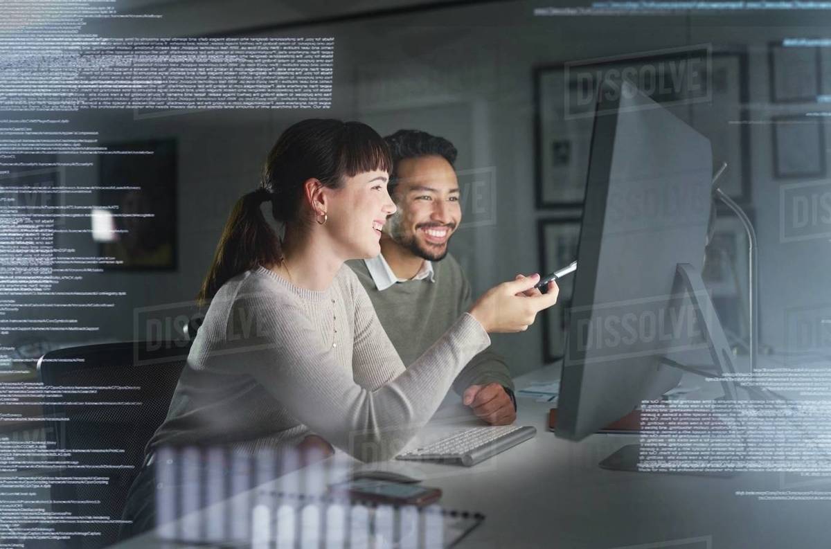 Teamwork, computer hologram and people with data analytics, cyber security research and cloud ...