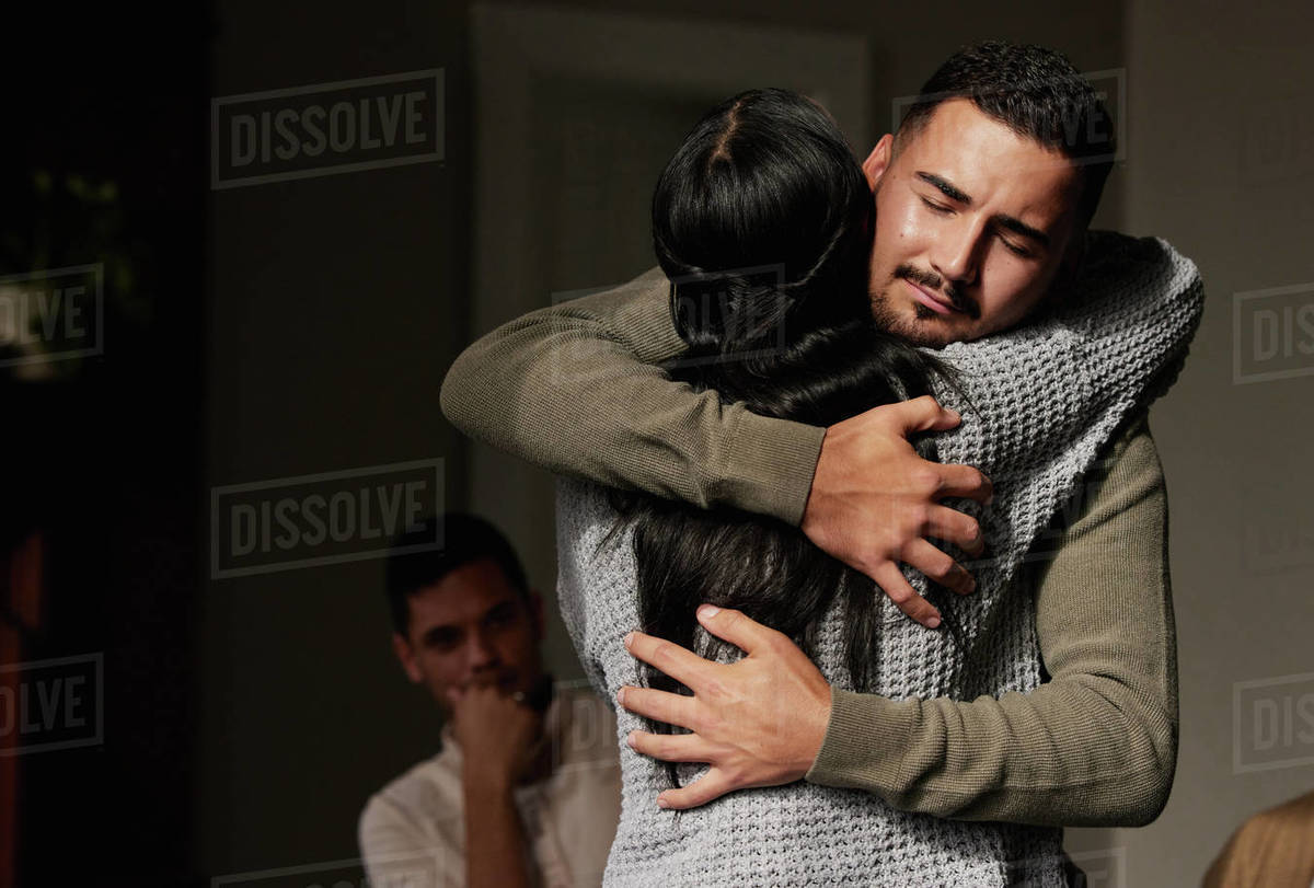 Hug, support and crying man embrace for comfort, grief and care after ...