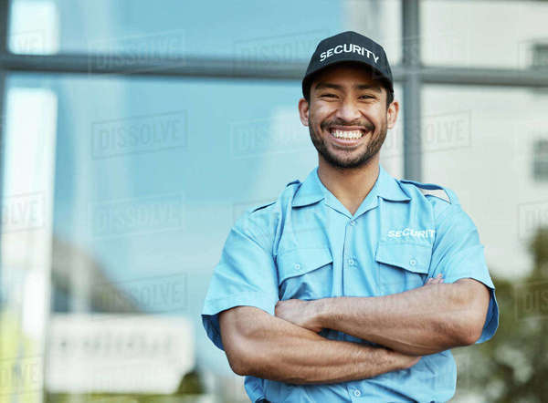 Happy man, portrait and security guard with arms crossed in city for ...