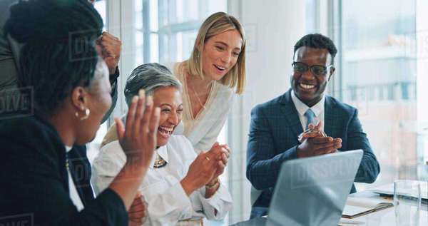 Laptop, celebration applause and business people reading project info ...