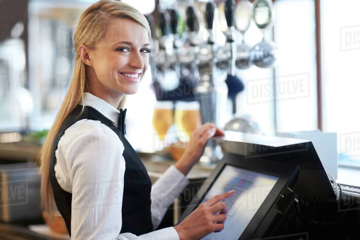 Bartender woman, cash register and portrait with smile, payment and ...