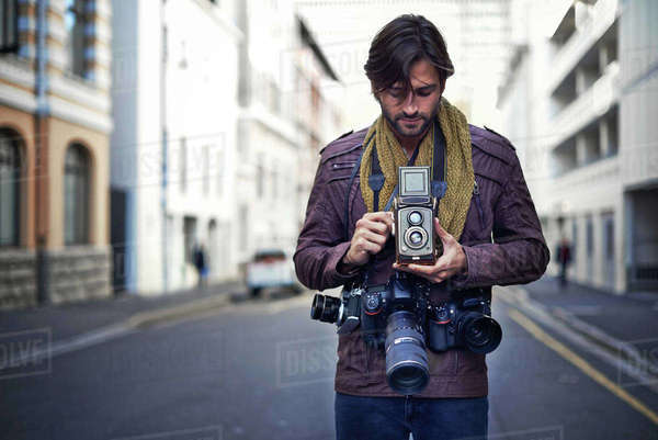 Vintage, camera and photographer in city for photoshoot with ...
