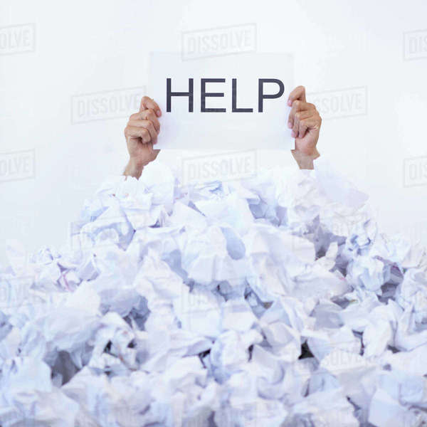 Person, office and hands with pile of documents, sign and help with ...