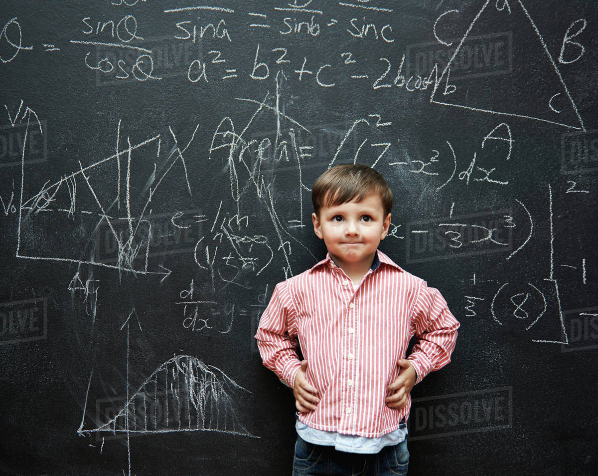 Smart, child and math on chalkboard for school, learning and education ...