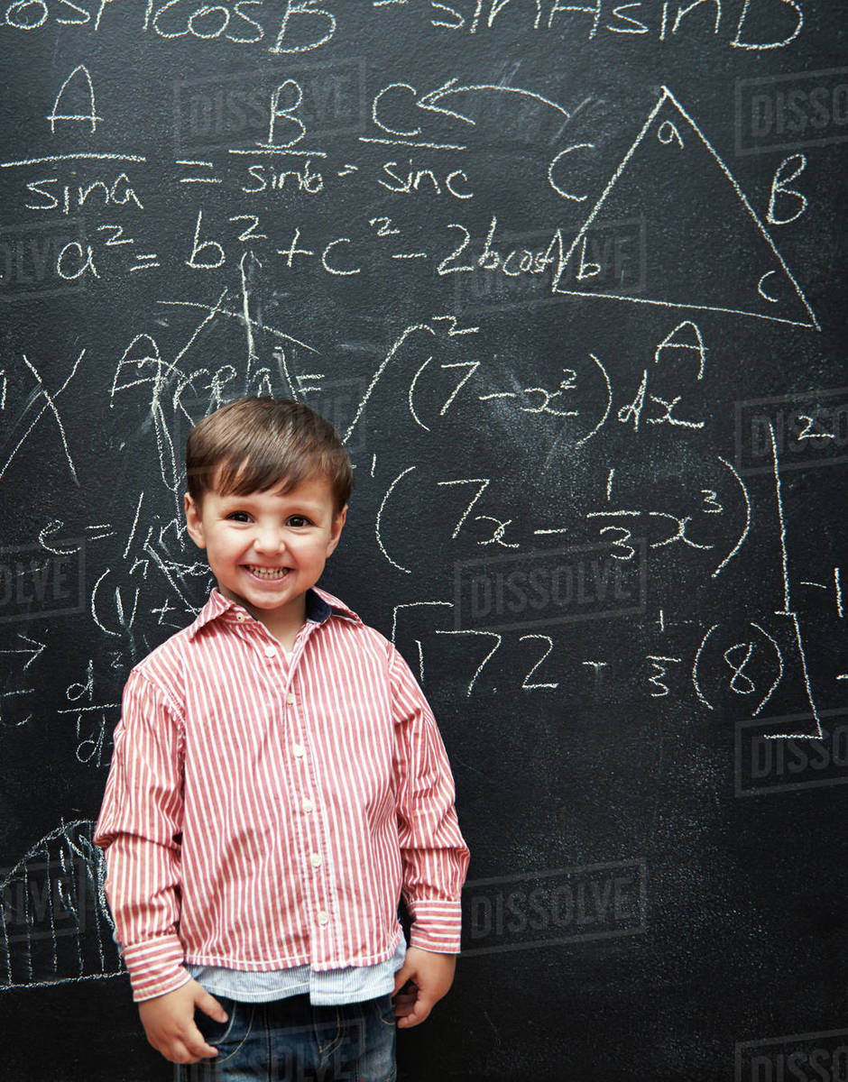 Smart, kid and math on chalkboard for school, learning and education ...