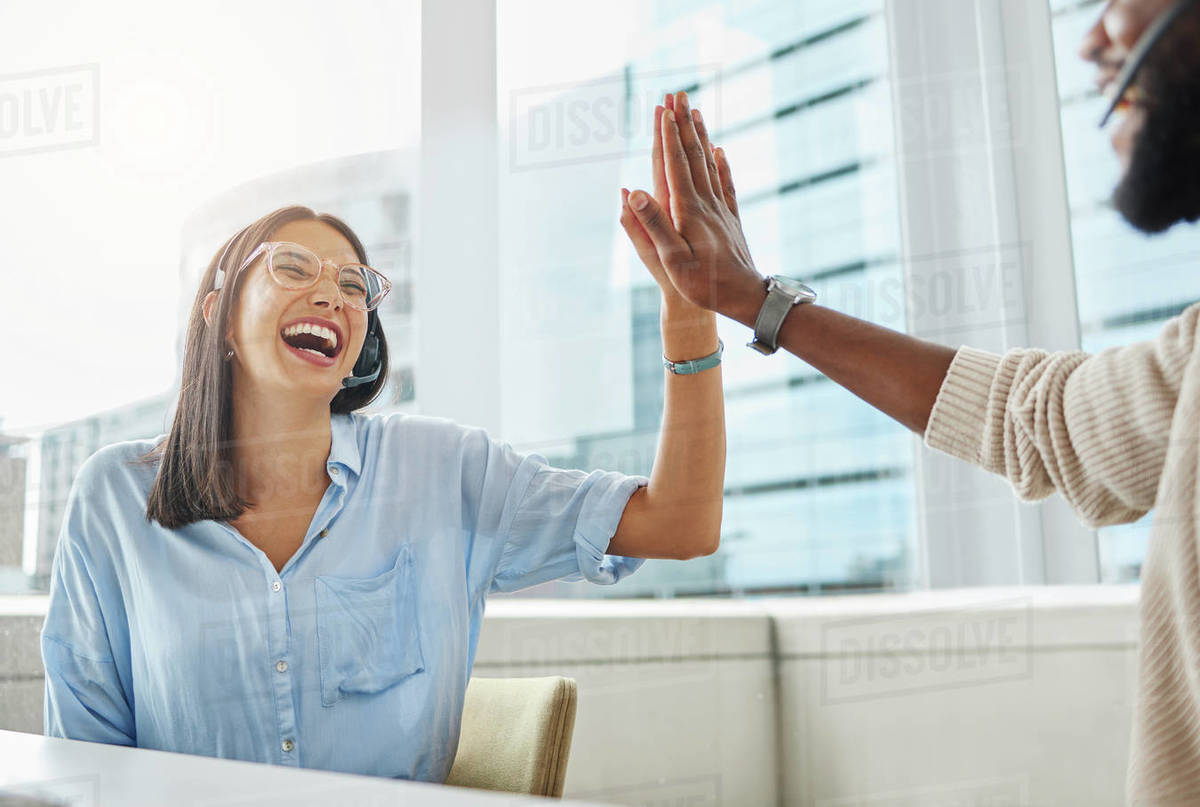 High five, winning and call center employees with support, success and ...