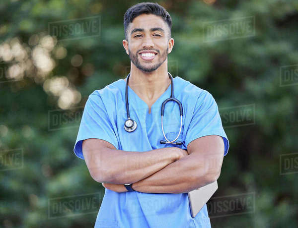 Man, nurse portrait and arms crossed of healthcare and wellness ...