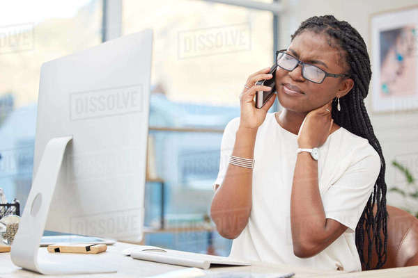 Phone call, stress and woman with neck pain, injury or accident in ...