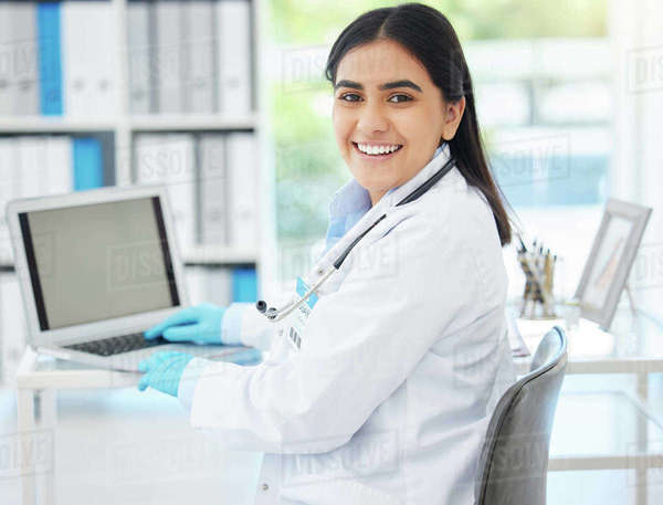 Doctor, smile and working on laptop mockup with medical healthcare ...