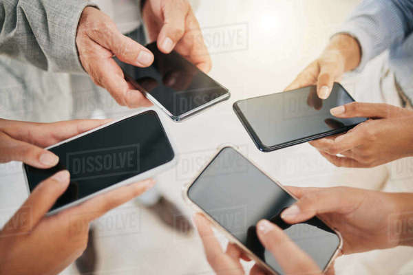 Smartphone, business people and hands with mockup, corporate ...