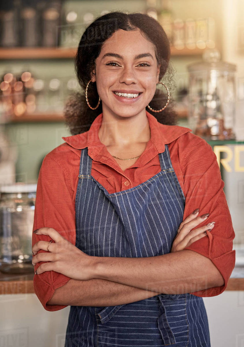 Portrait, cafe barista and woman with arms crossed ready to take your ...