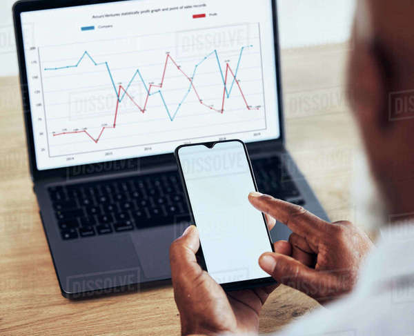 Chart, laptop screen and phone, mockup and data analysis, black man and ...
