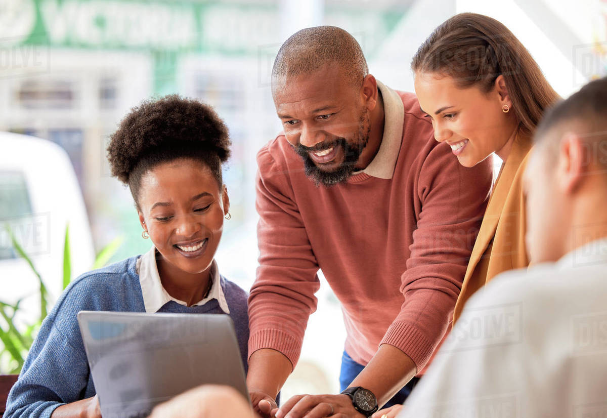 Teamwork, meeting and business people with laptop talking, in ...