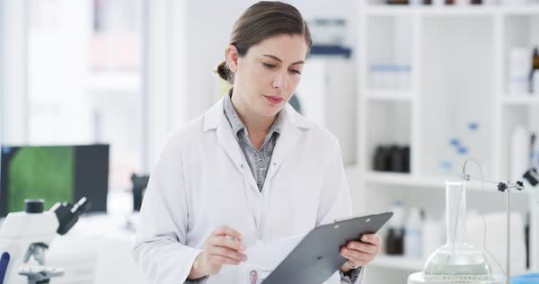 Science, laboratory and woman with checklist writing experiment, data ...