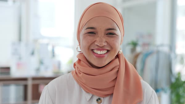 Face, entrepreneur and Islamic woman in store, success and manager with ...