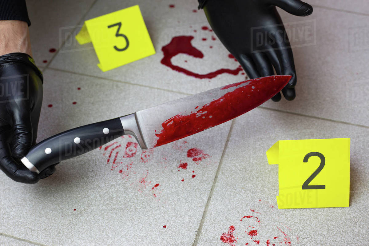 Criminologist holds in his hands in black gloves murder weapon at crime ...