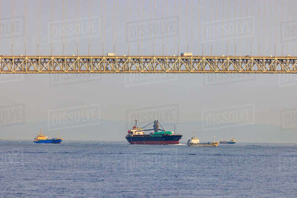 Cargo ships cross under bridge span - Royalty-free Stock Photo | Dissolve