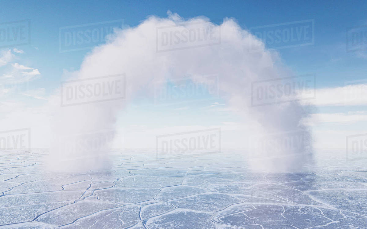 Ice ground with white cloud gate, 3d rendering. Computer digital ...
