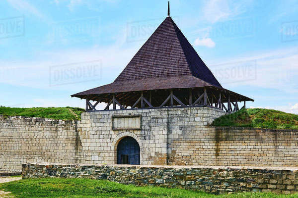 Watchtower of the old fortress wall in the summer expanse. - Royalty ...