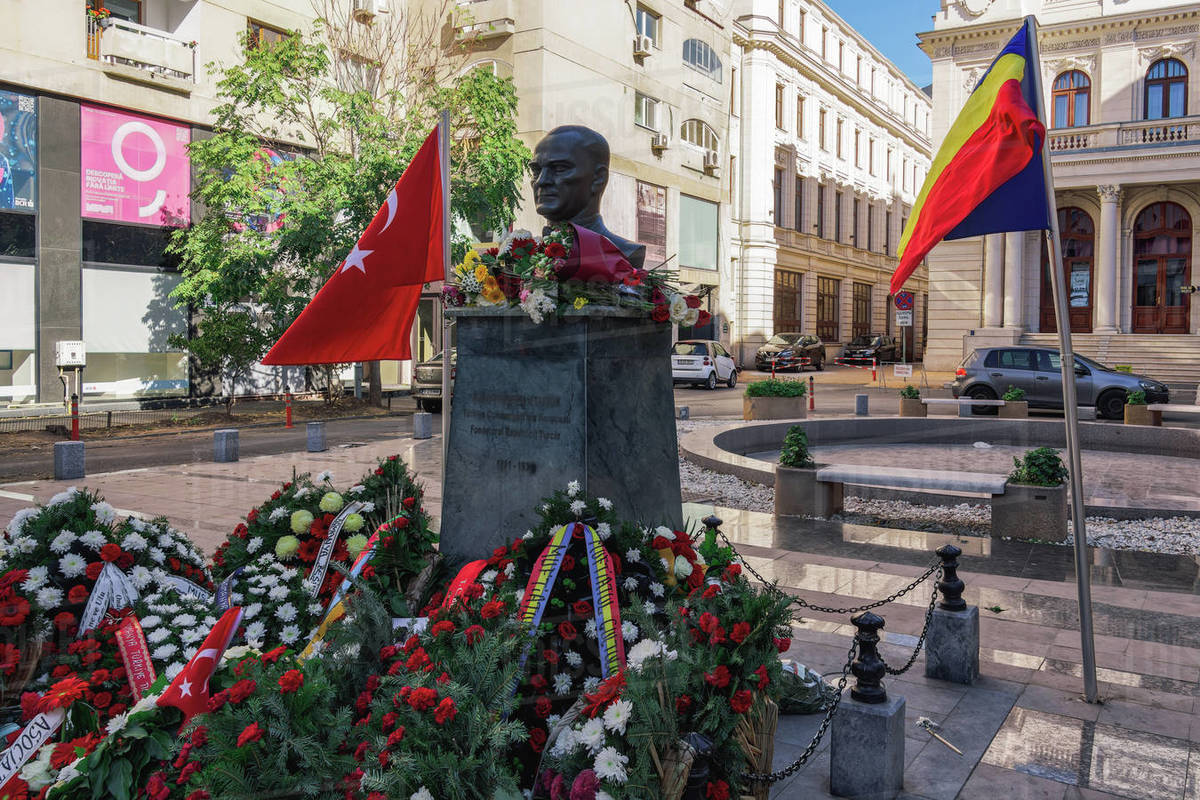 Bucharest Romania Mustafa Kemal Ataturk bust statue with Turkish flag ...