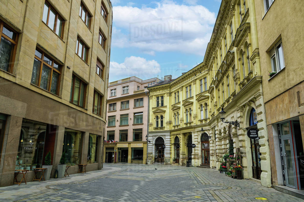 Bratislava, Slovakia Store facades and low rise buildings around empty ...