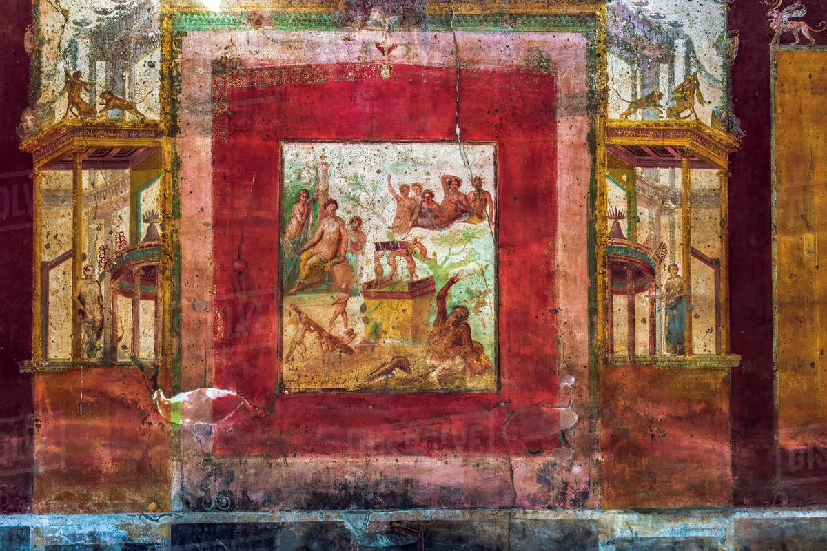 Pompeii, Italy Roman house ancient colourful fresco painting in the ...