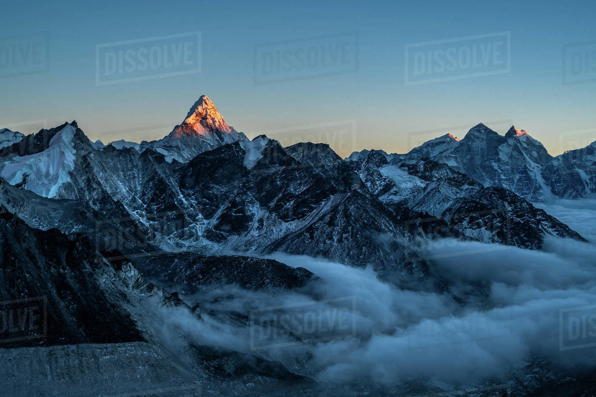 The peak of Ama Dablam at sunset time from Kala Patthar, Khumbu Valley ...