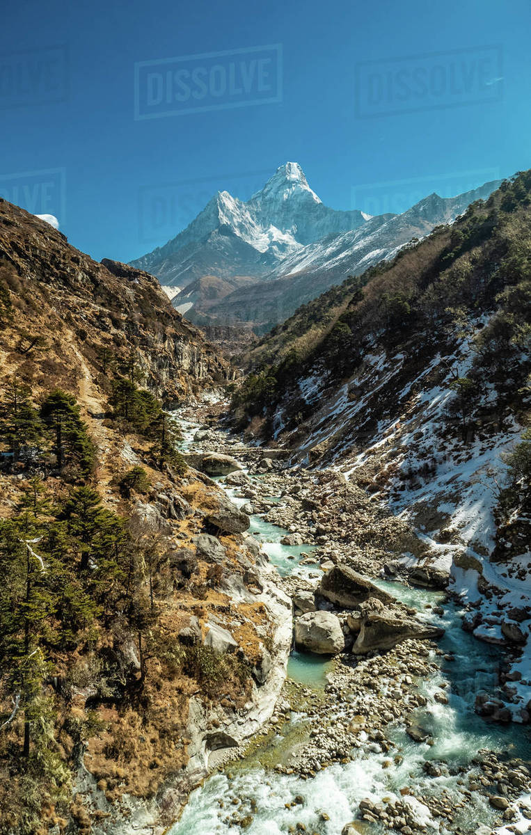 River and the peak of Ama Dablam in the background, Khumbu Valley ...