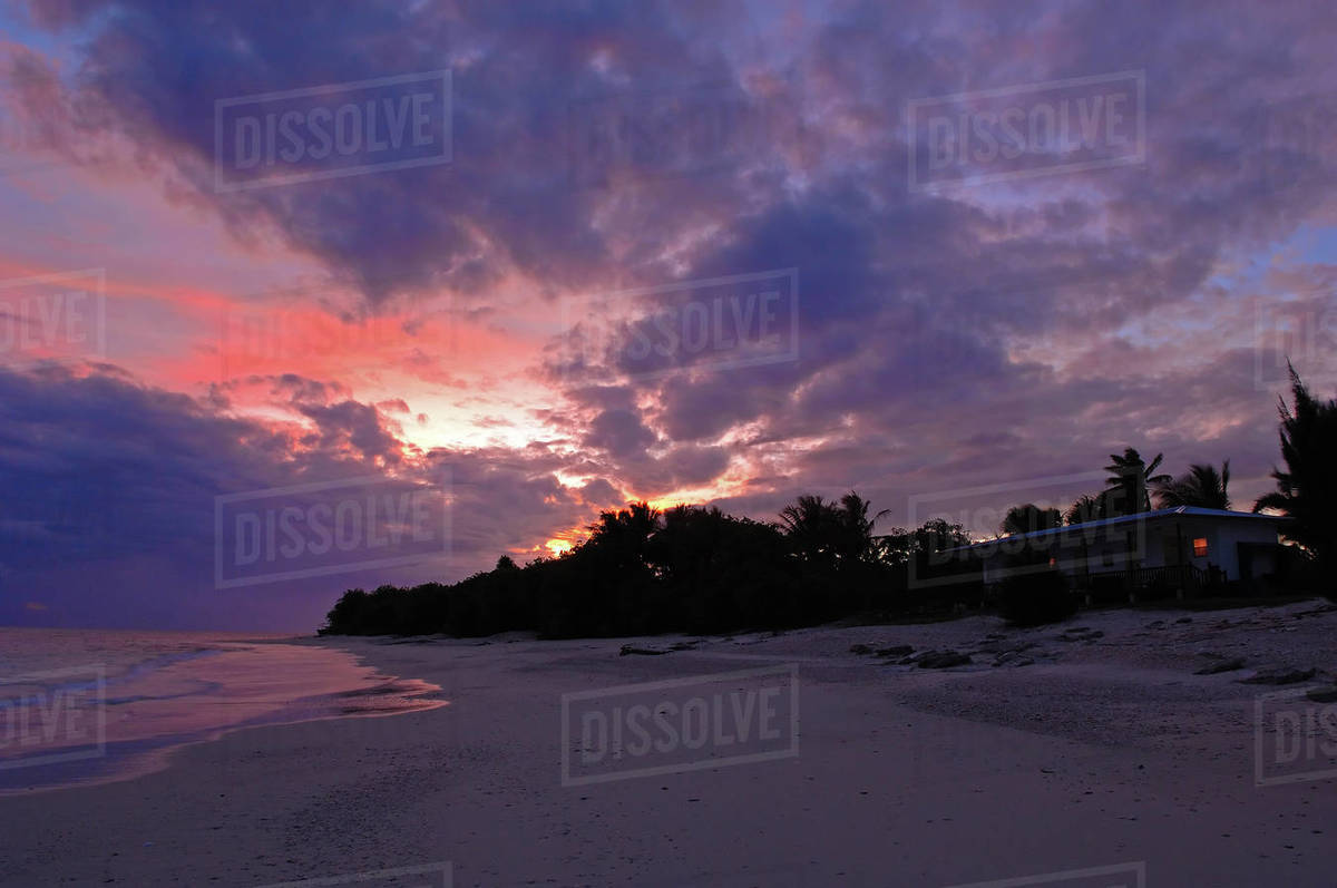 Gueat bungalows and sunset, Bikini Atoll, Marshall Islands, Micronesia ...