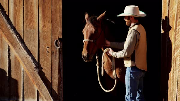 Cowboy Ranch hand with horse on Dude Ranch in Corral Canada - 4K ...