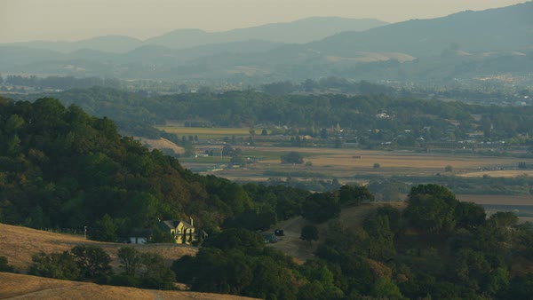 Landscape view of green rolling hills rural California valley ...