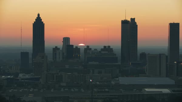 Atlanta - November 2017: Sunrise illuminated view of downtown central ...