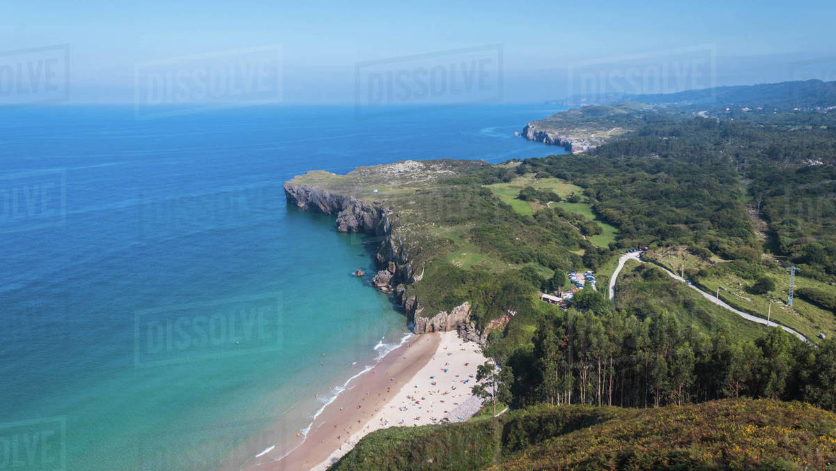 Panoramic view of Playa de Andrin from Mirador de la Boriza, Asturias ...